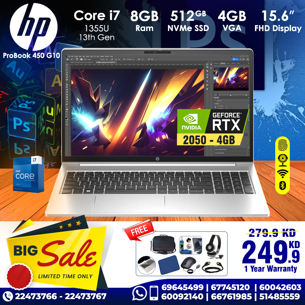 HP ProBook 450 G10 i7-1355U 13th RTX 4GB VGA 8GB Ram 512 SSD 15.6inch FHD